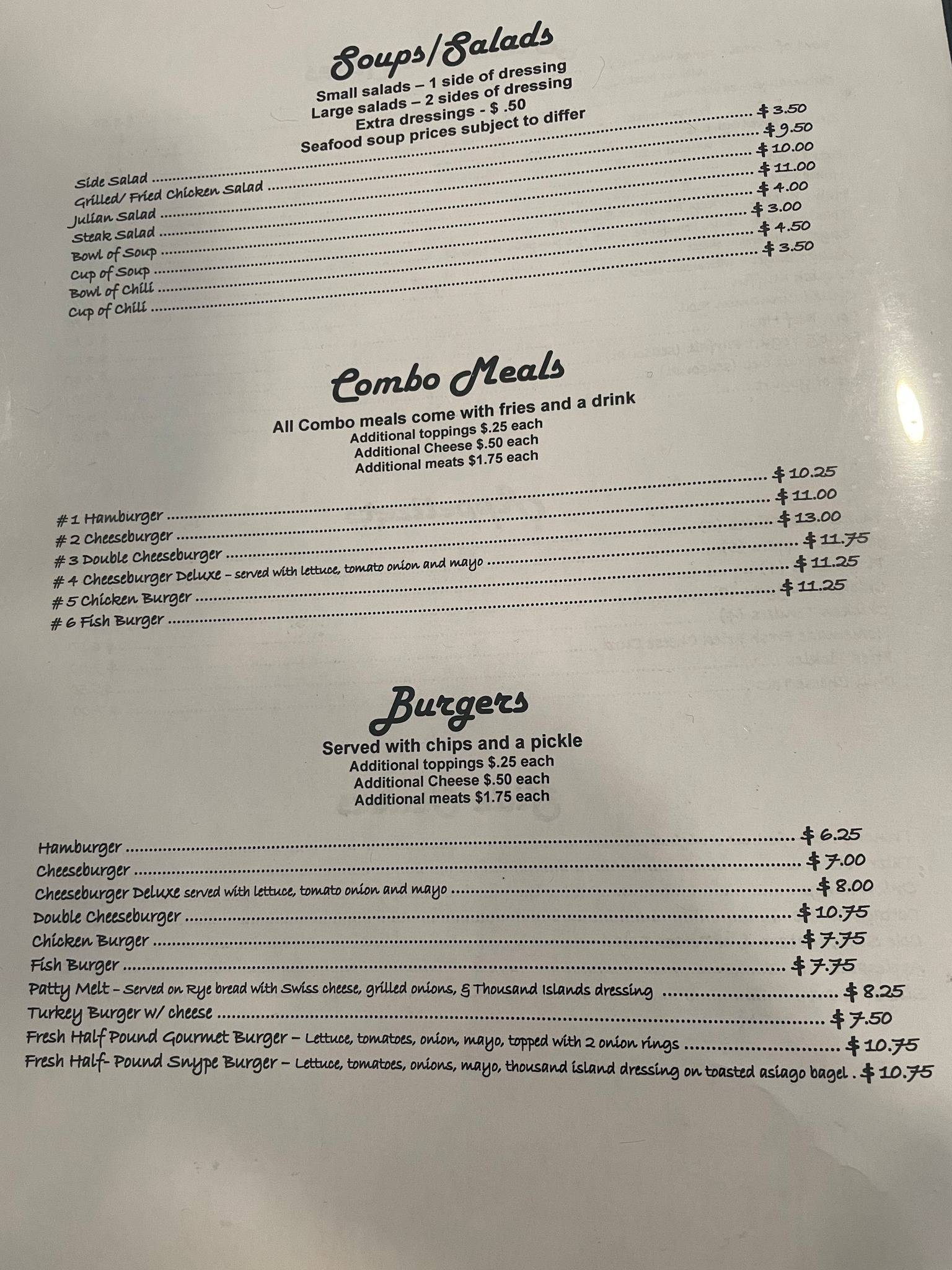 Menu at Meme's Diner restaurant, Felts Mills