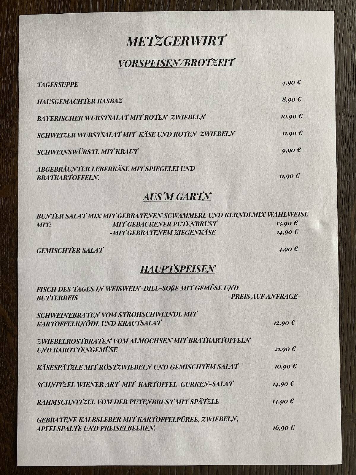 Speisekarte von Metzgerwirt Giggenhausen restaurant, Neufahrn bei Freising