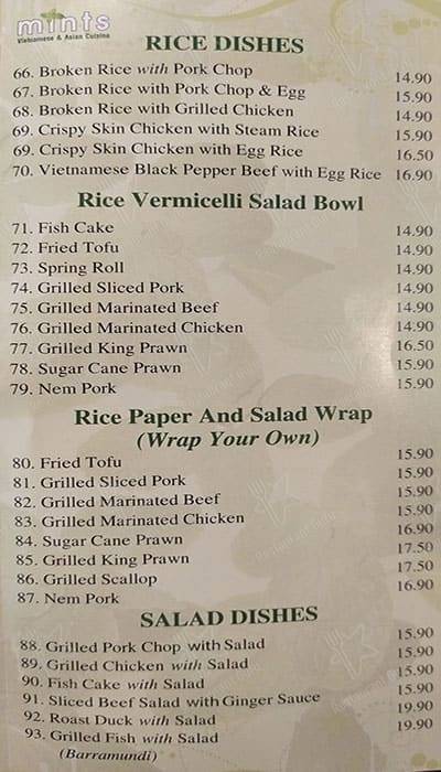 Menu at Mints on Rosalie restaurant, Paddington