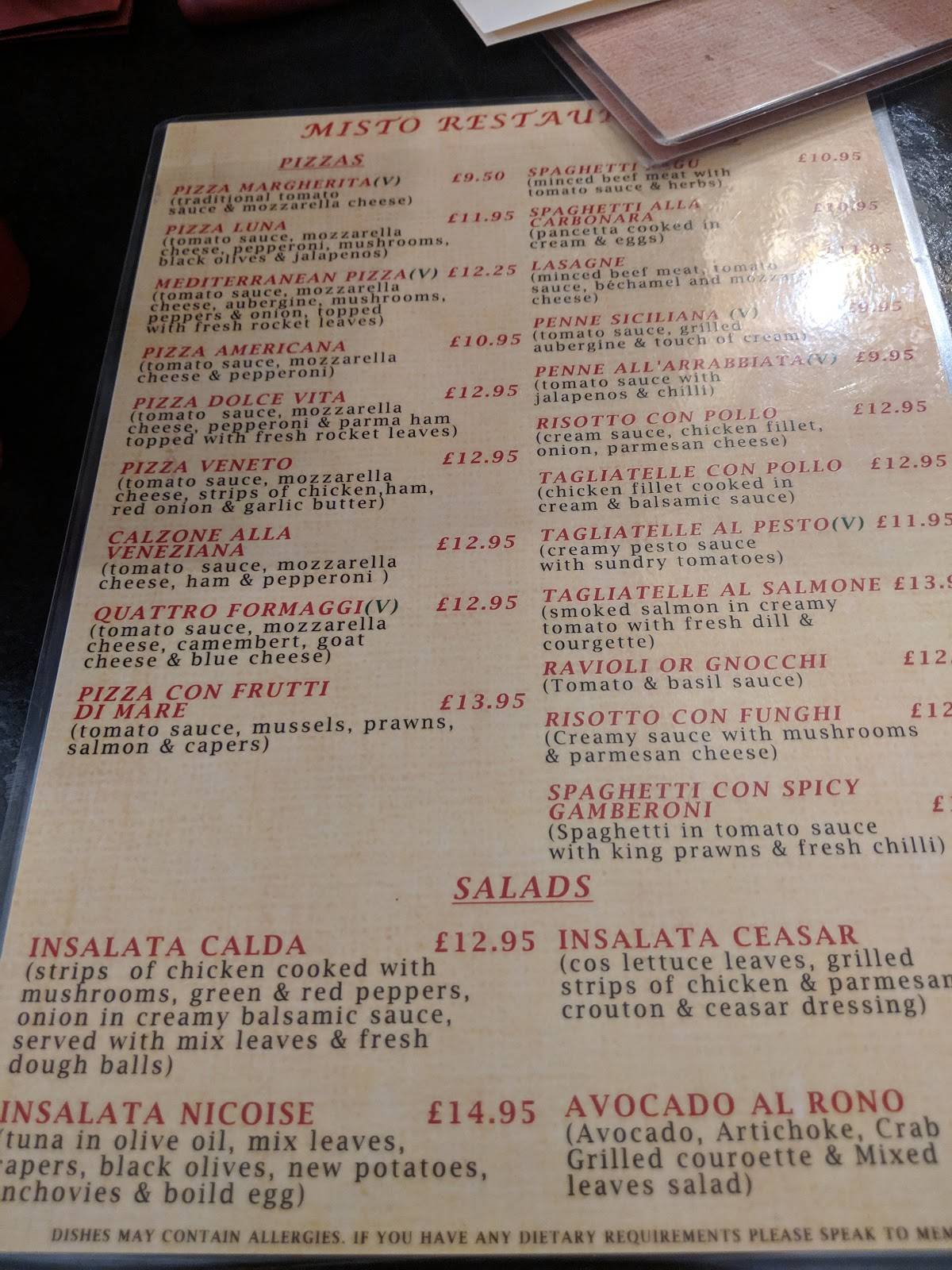 Menu at Misto restaurant, London, 7 Shepherd Market