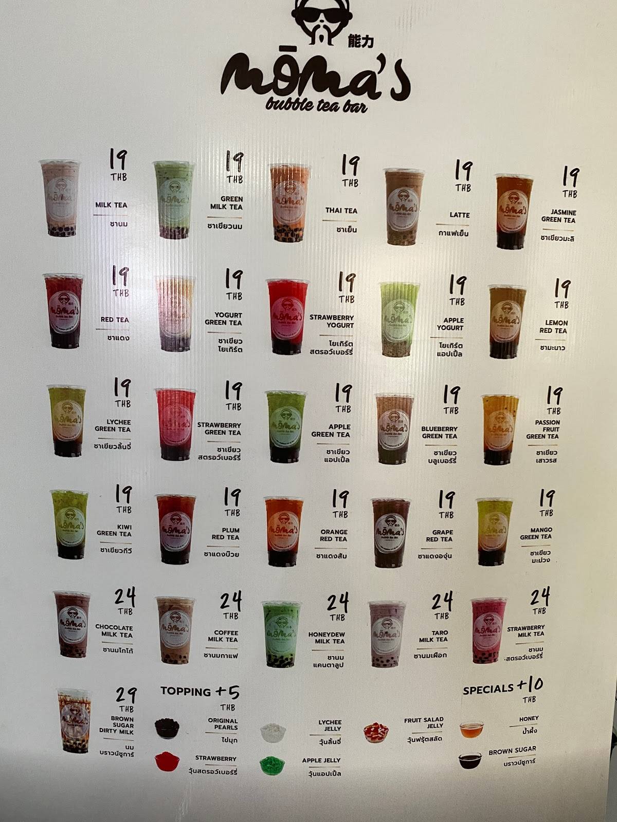 Menu at Moma's Bubble Tea Bar สาขา พาร์คเลน เอกมัย, Bangkok