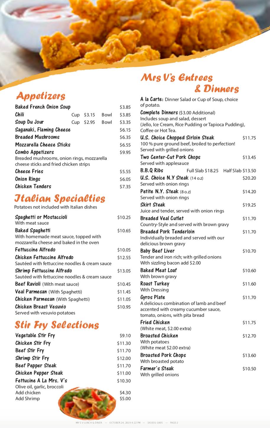 Menu at Mrs V's Restaurant, Round Lake Beach