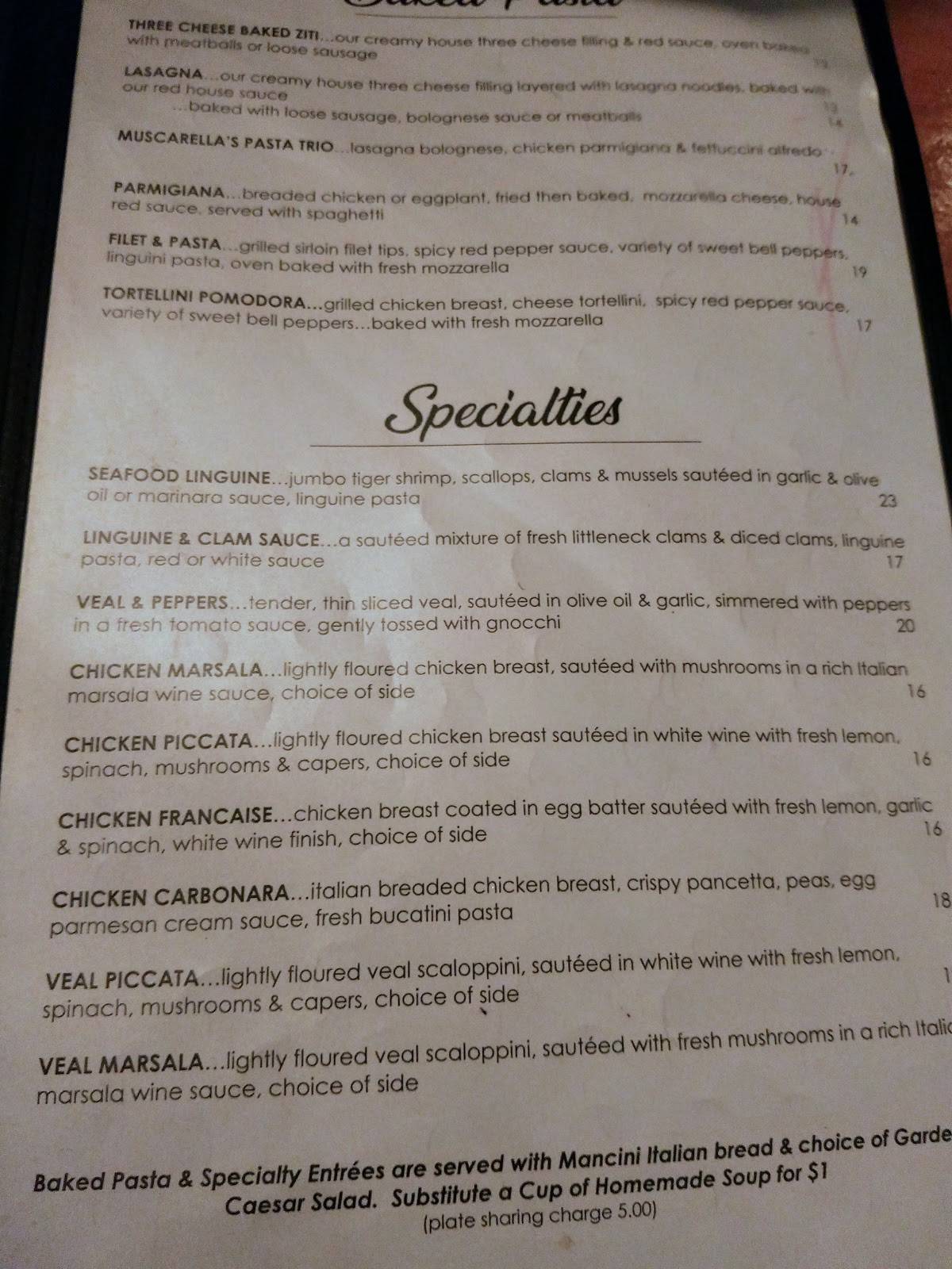 Menu at Muscarella's Cafe Italia, Sharpsville