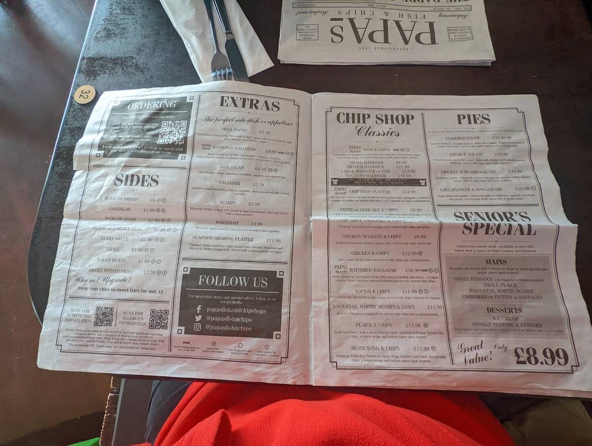 Menu at Papa's Fish & Chips pizzeria, Blackpool