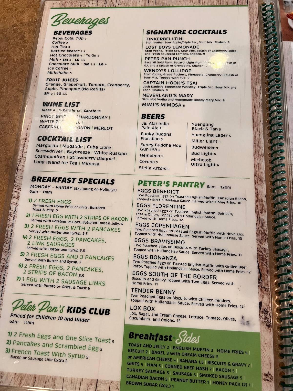 Menu at Peter Pan Diner restaurant, Oakland Park