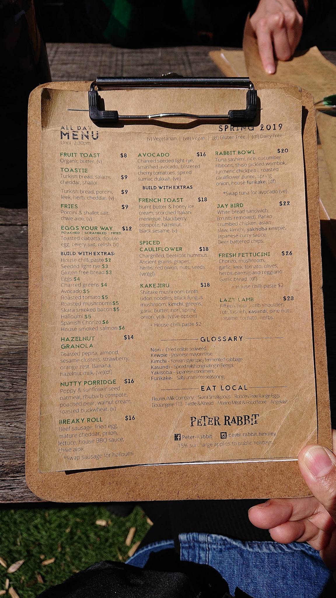 Menu at Peter Rabbit Cafe, Adelaide