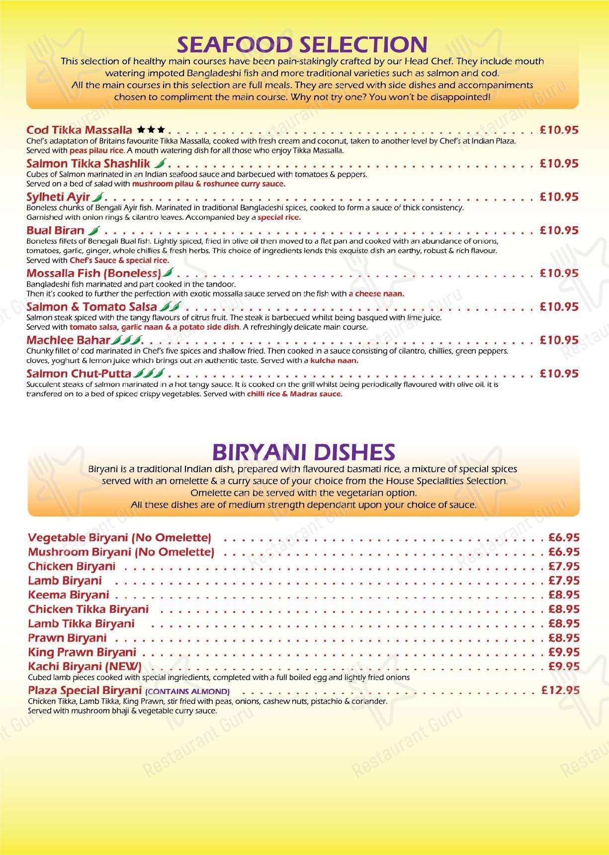 Menu at Plaza Indian Cuisine restaurant, Neath, 31-32 Alfred St