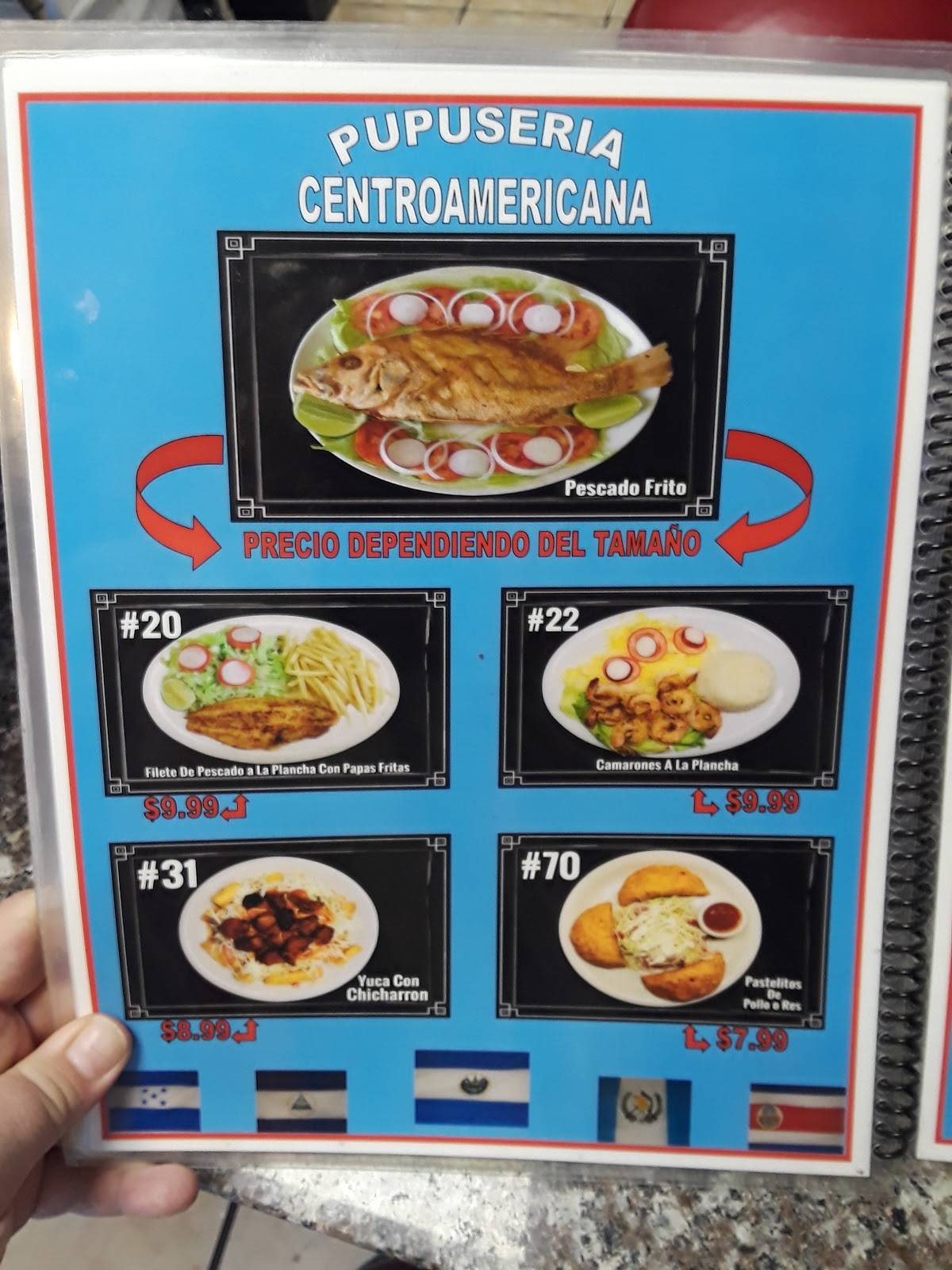 Menu at Pupuseria Centroamericana restaurant, Tampa