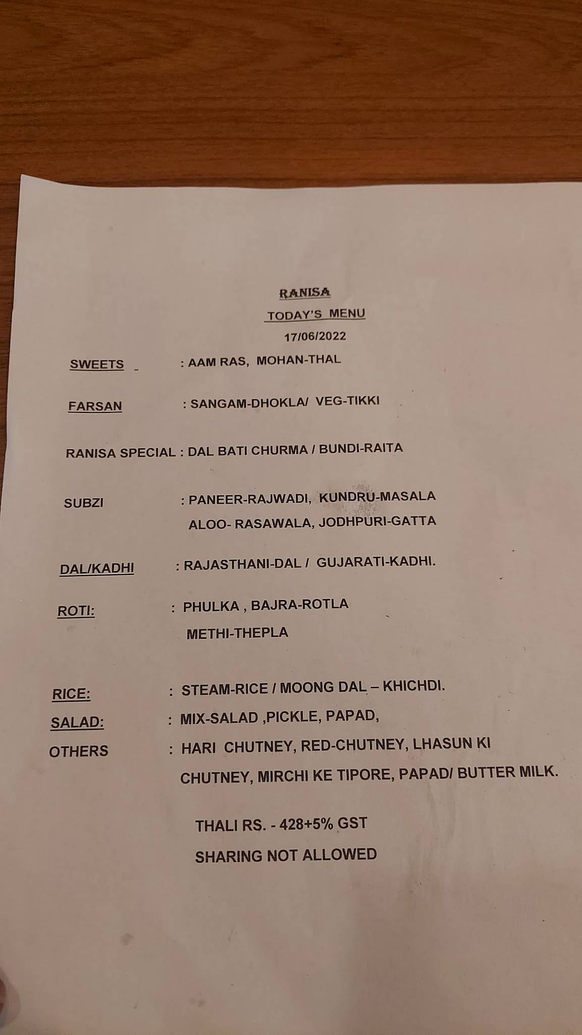 Menu at Ranisa by Jain Chawal Wale, New Delhi