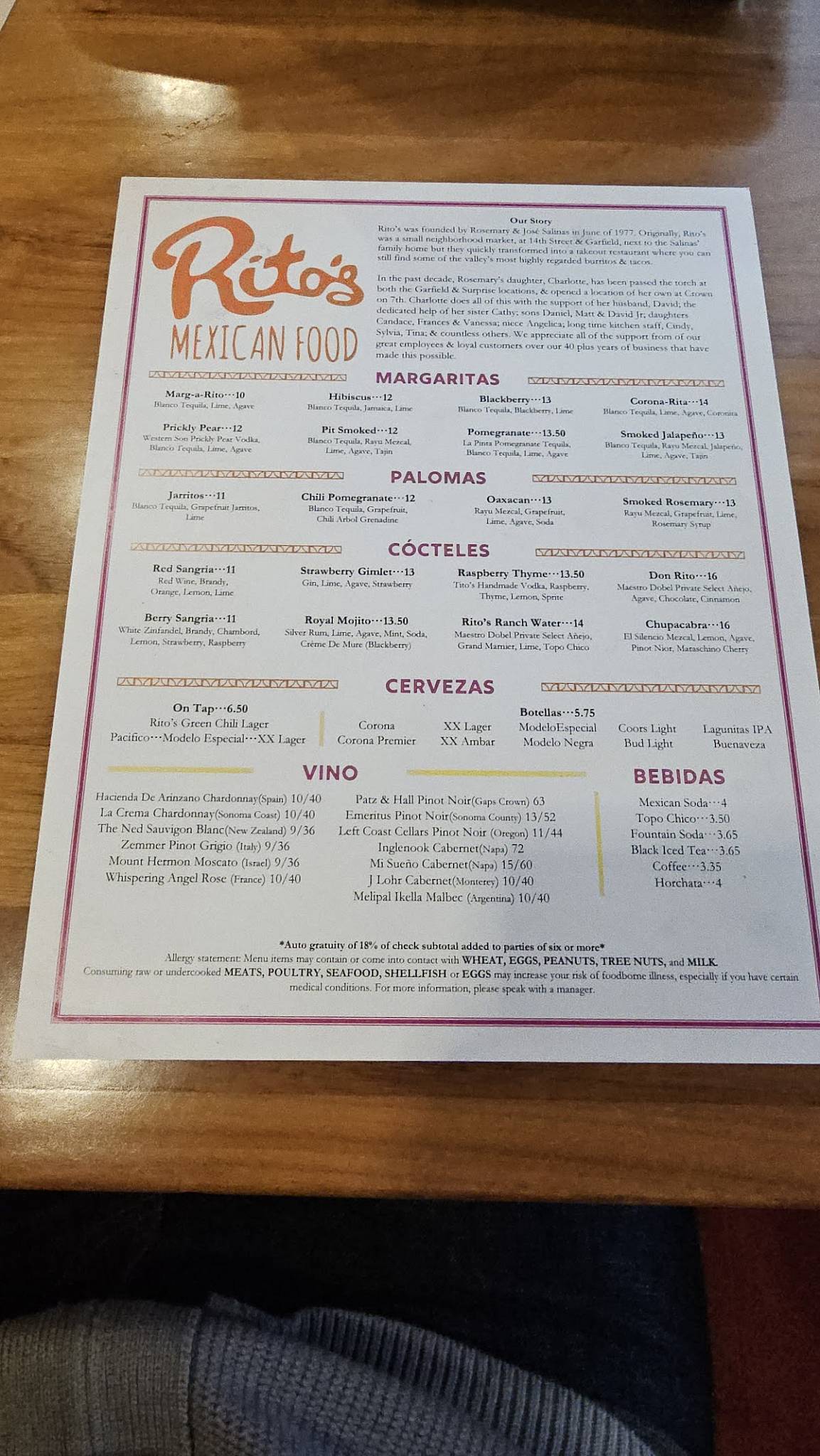 Menu at Rito's Mexican Food restaurant, Phoenix, N 7th St