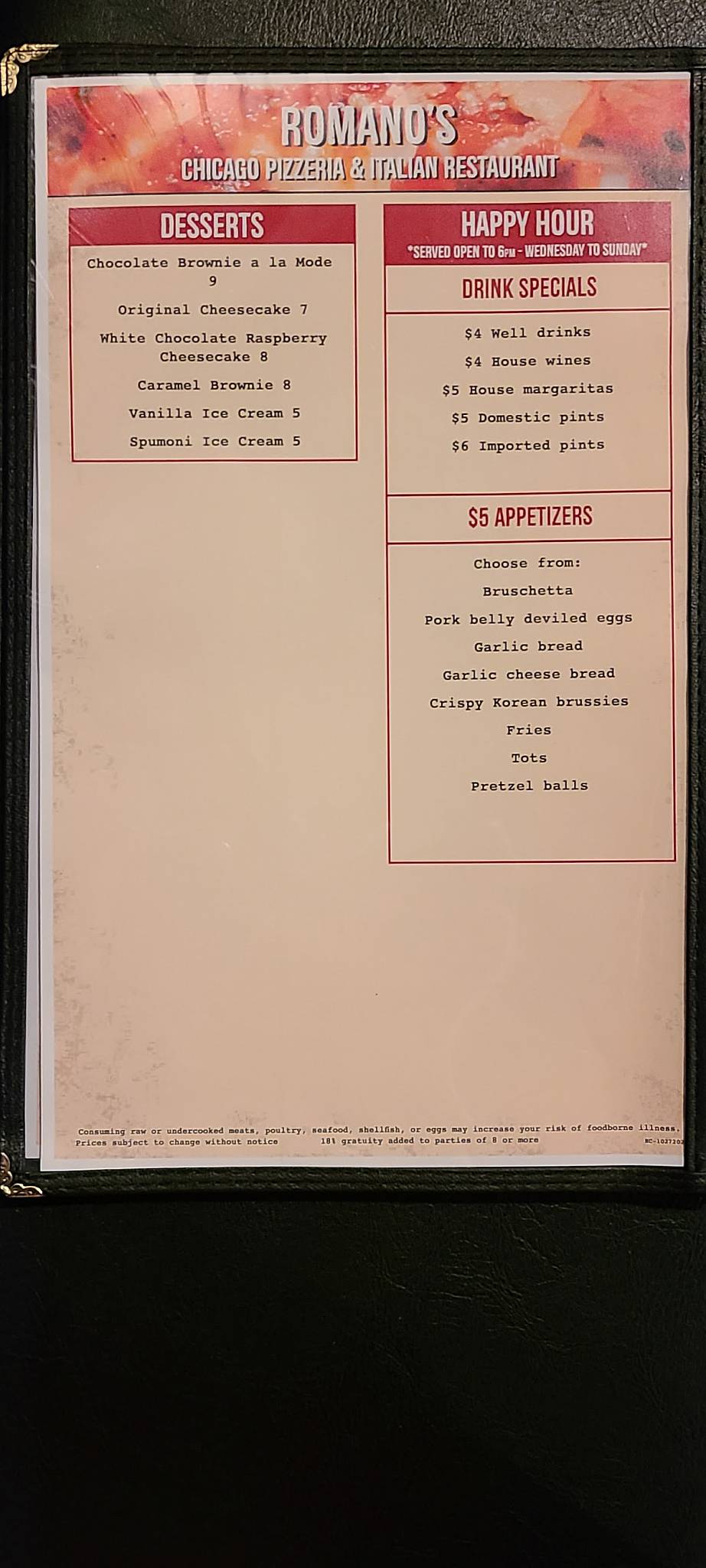 Menu at Romano's Chicago Pizzeria, Lake Havasu City