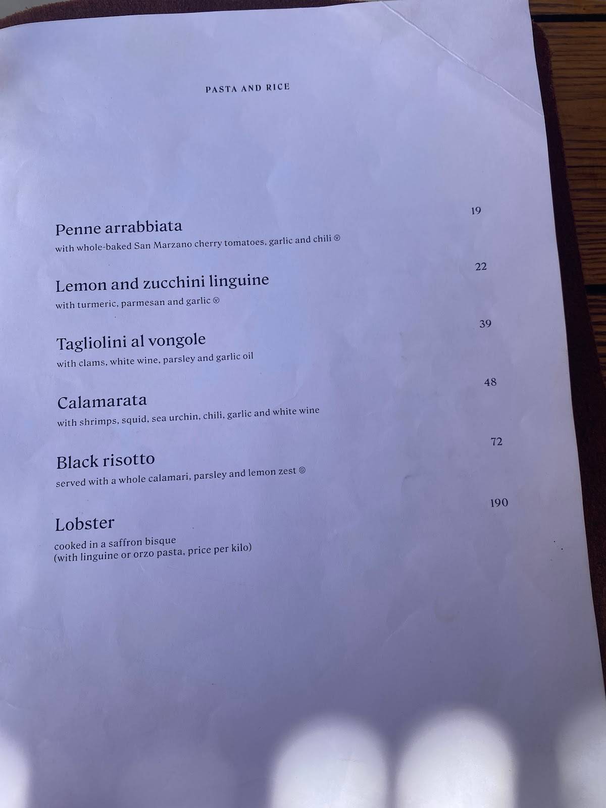 Menu at Scorpios, Mikonos