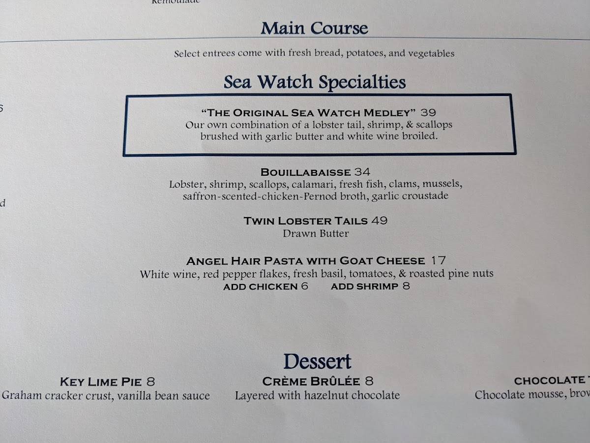Menu at Sea Watch On the Ocean restaurant, Sea Ranch Lakes