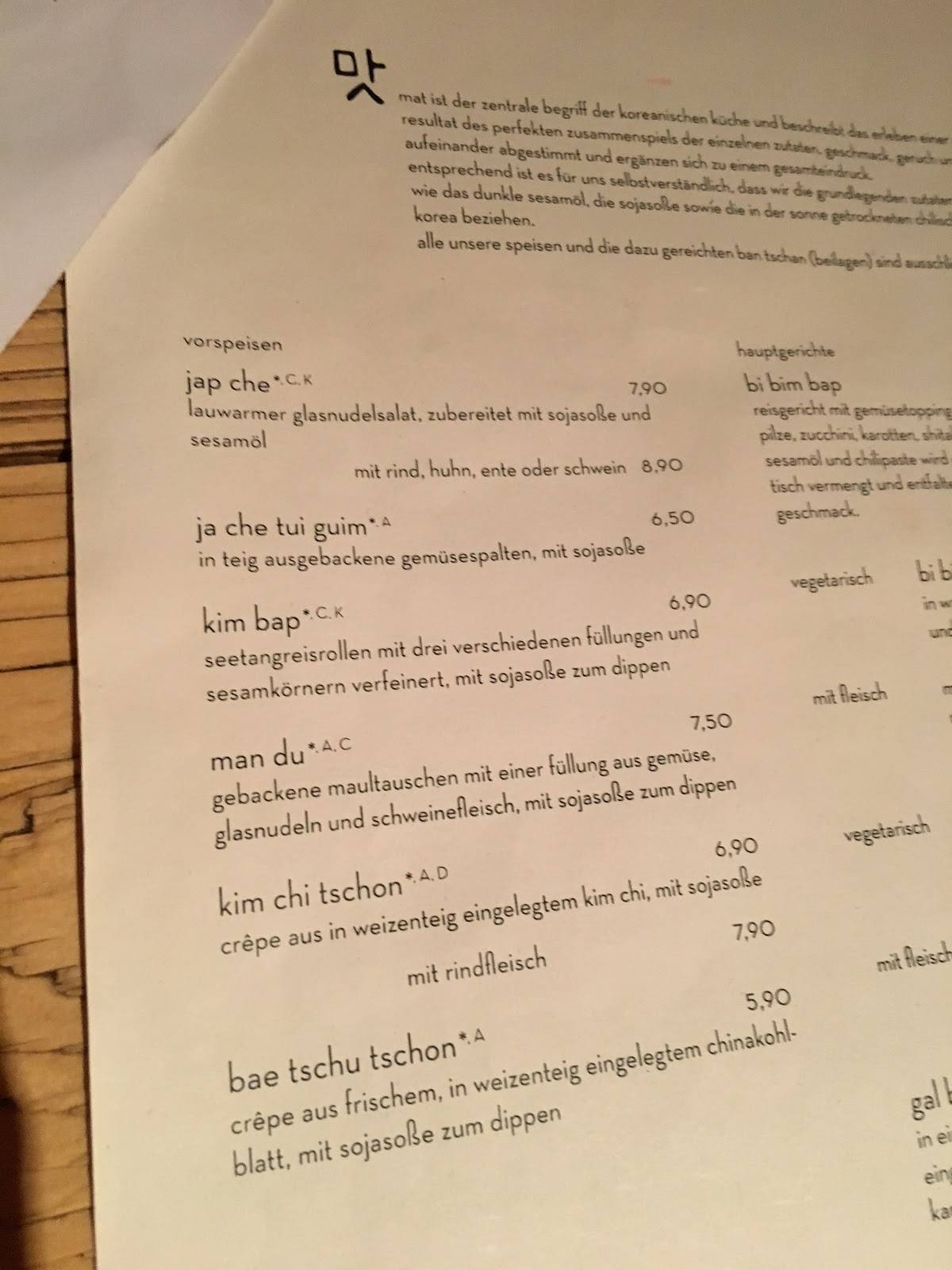 Menu at Sonamu restaurant, Frankfurt