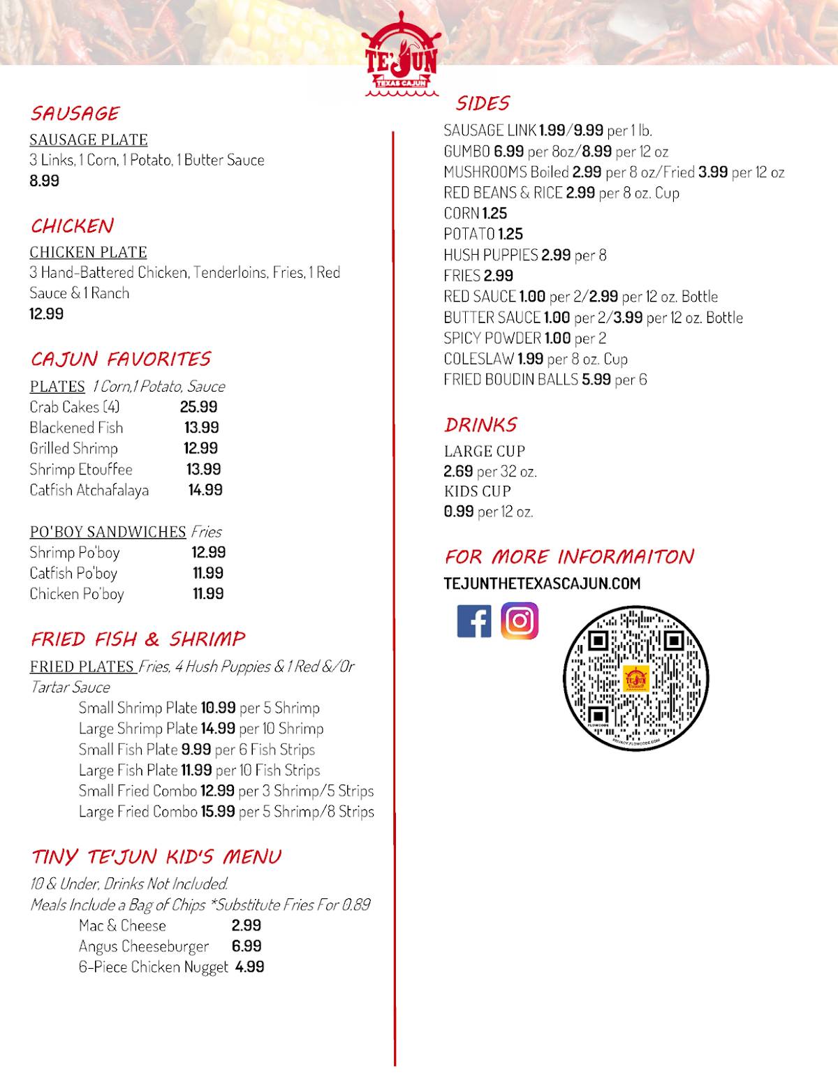 Menu at Tejun The Texas Cajun- Robinson restaurant, Robinson