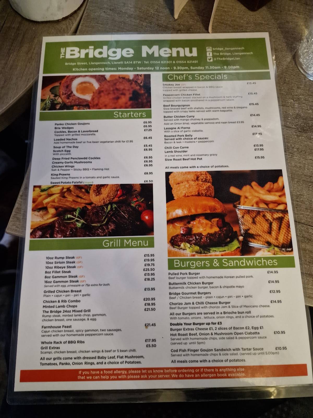 Menu at The Bridge restaurant, Llanelli