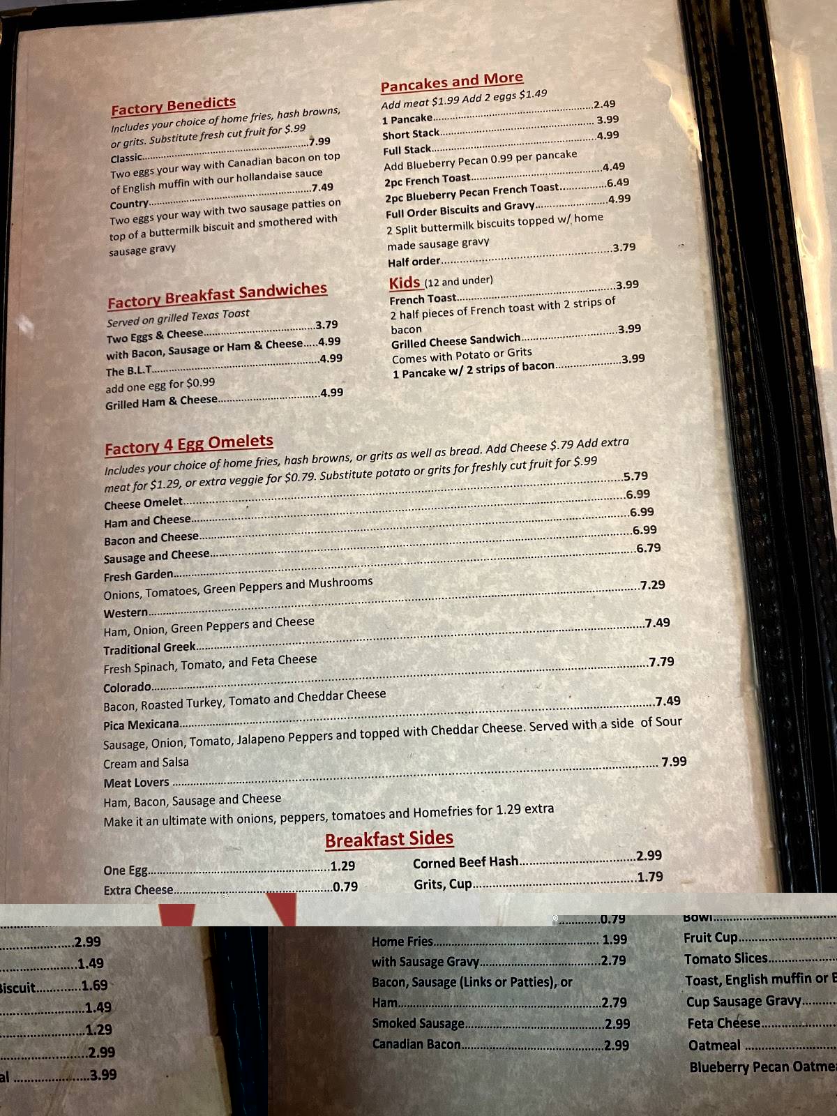 Menu at The Egg Factory restaurant, Lakeland, S Combee Rd