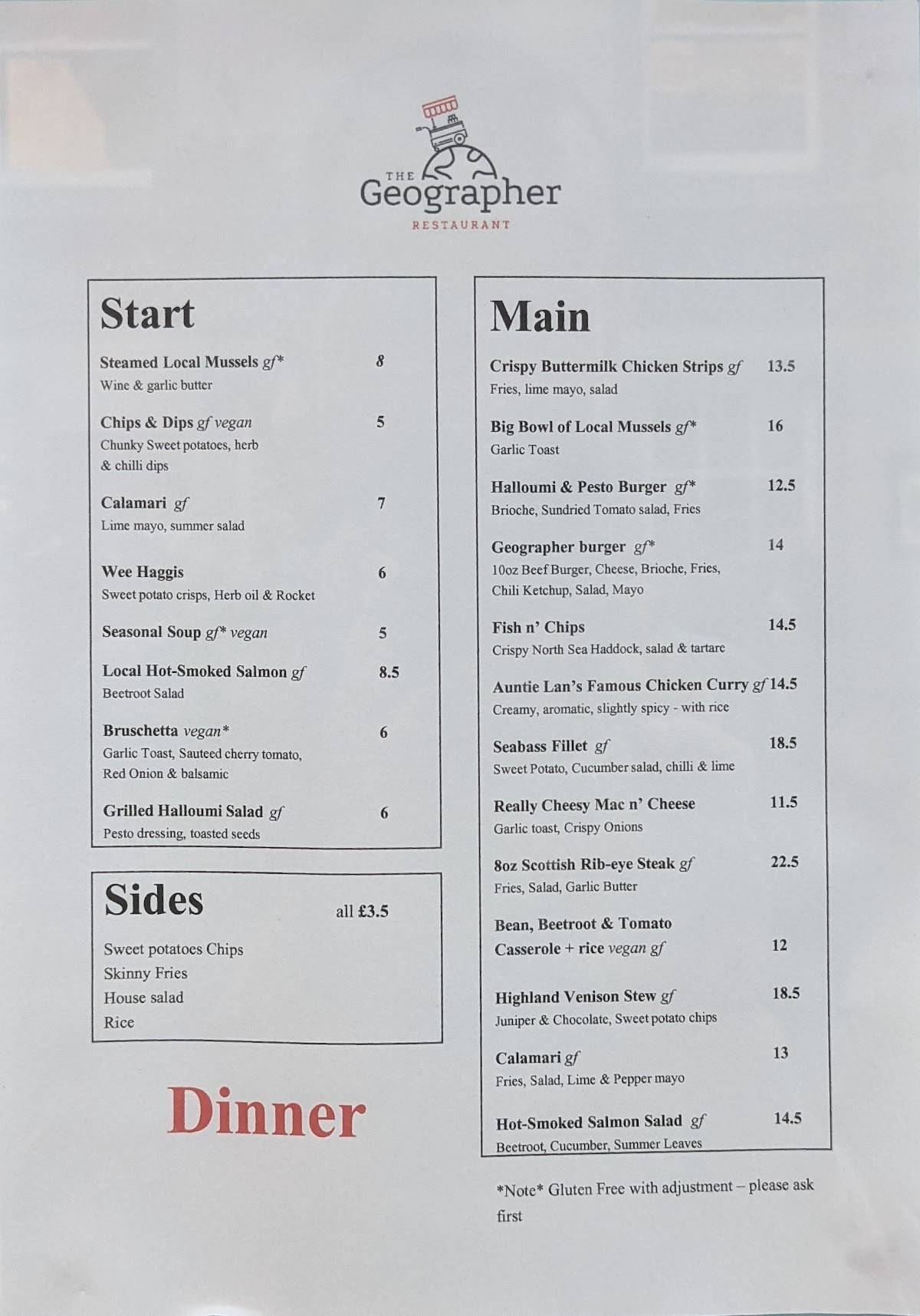 Menu at The Geographer restaurant, Fort William