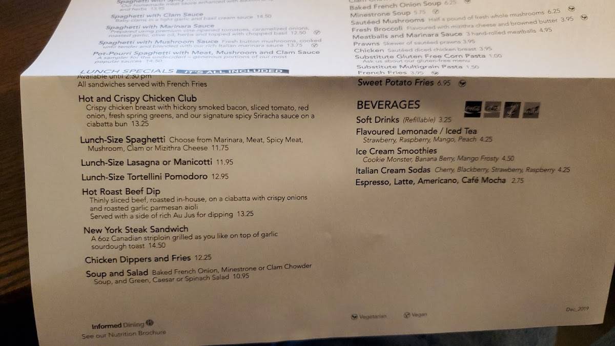 Menu at The Old Spaghetti Factory (Saskatoon) restaurant, Saskatoon