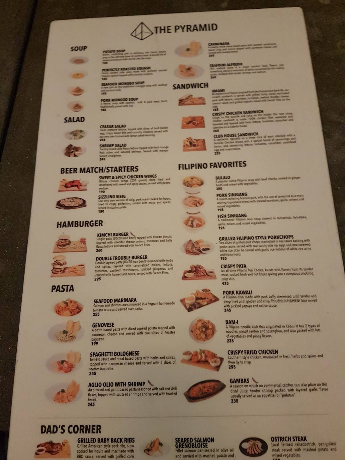 Menu at The Pyramid restaurant, Cebu City