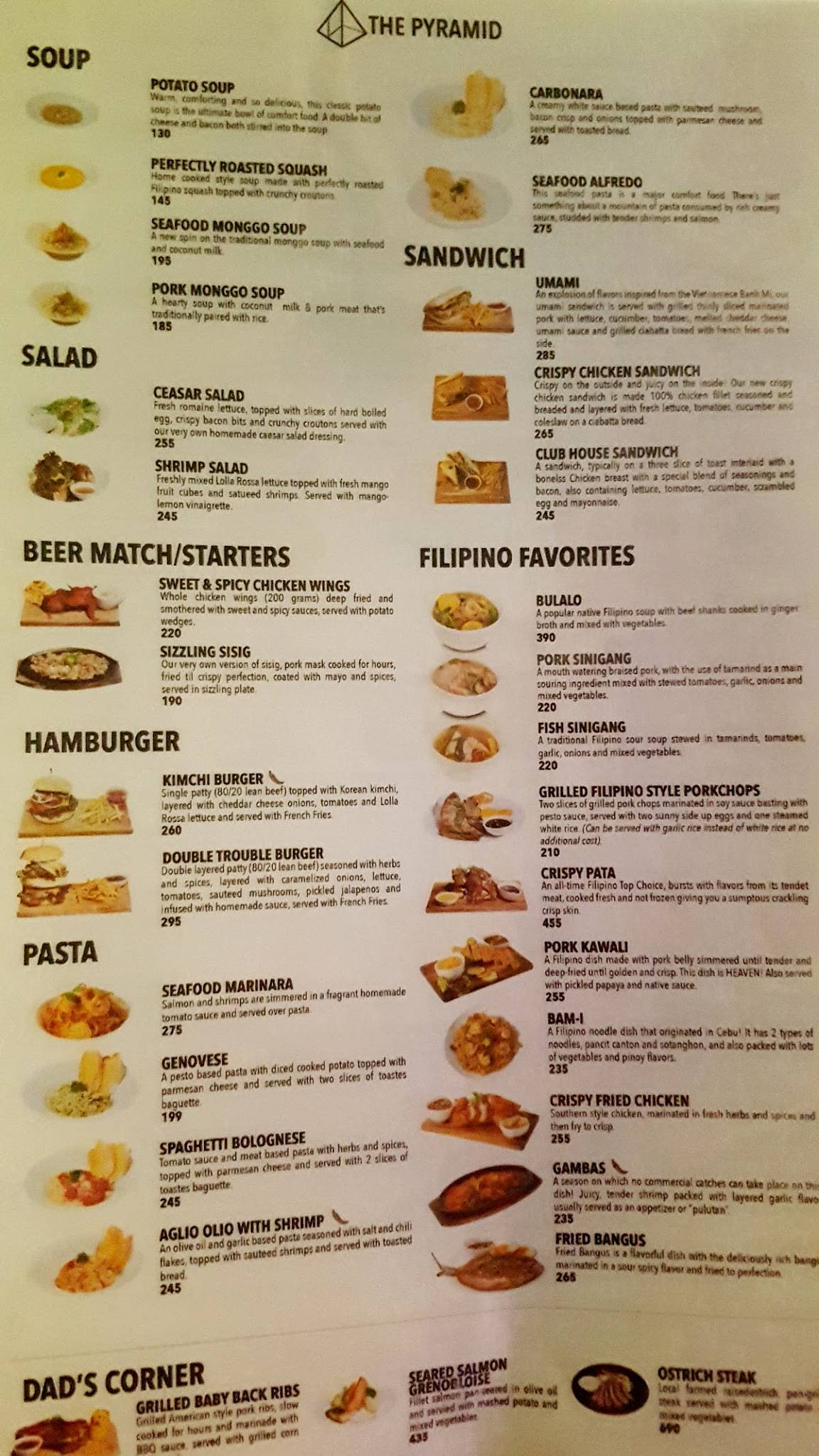 Menu at The Pyramid restaurant, Cebu City