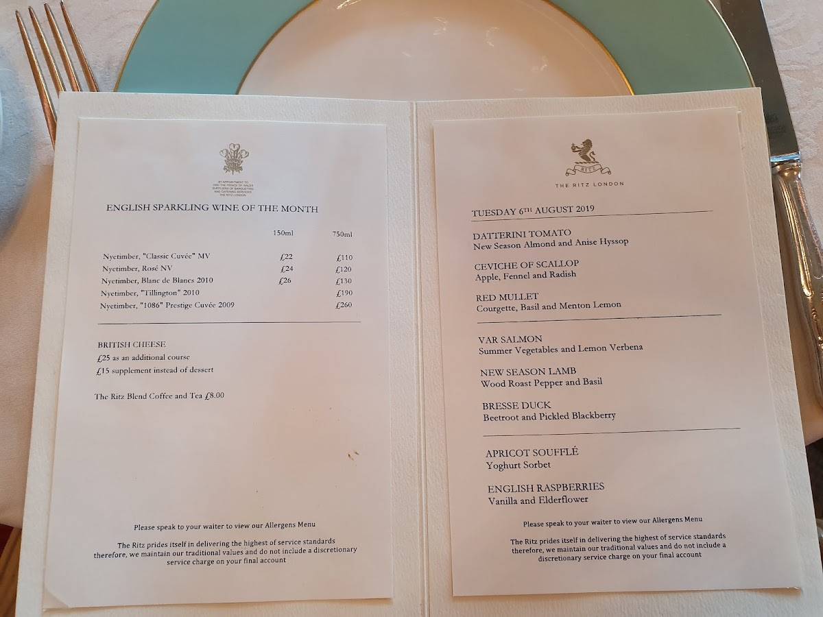 Menu at The Ritz Restaurant, London