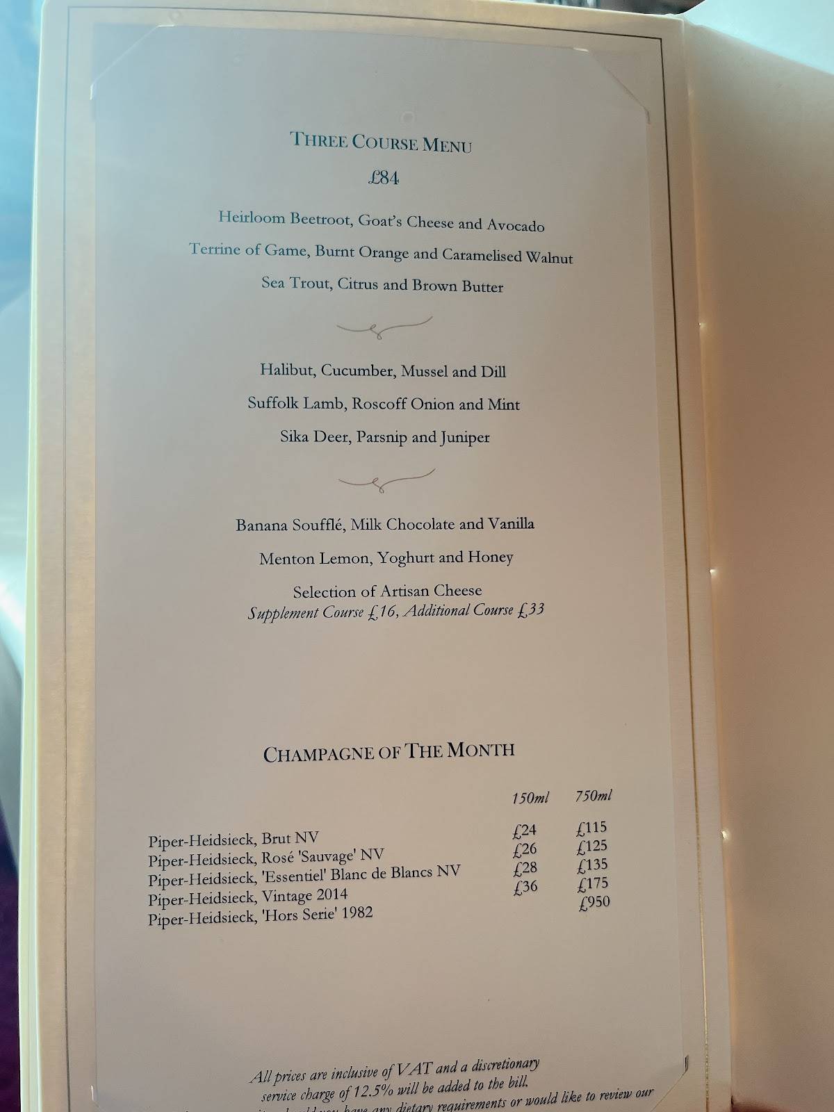 Menu at The Ritz Restaurant, London
