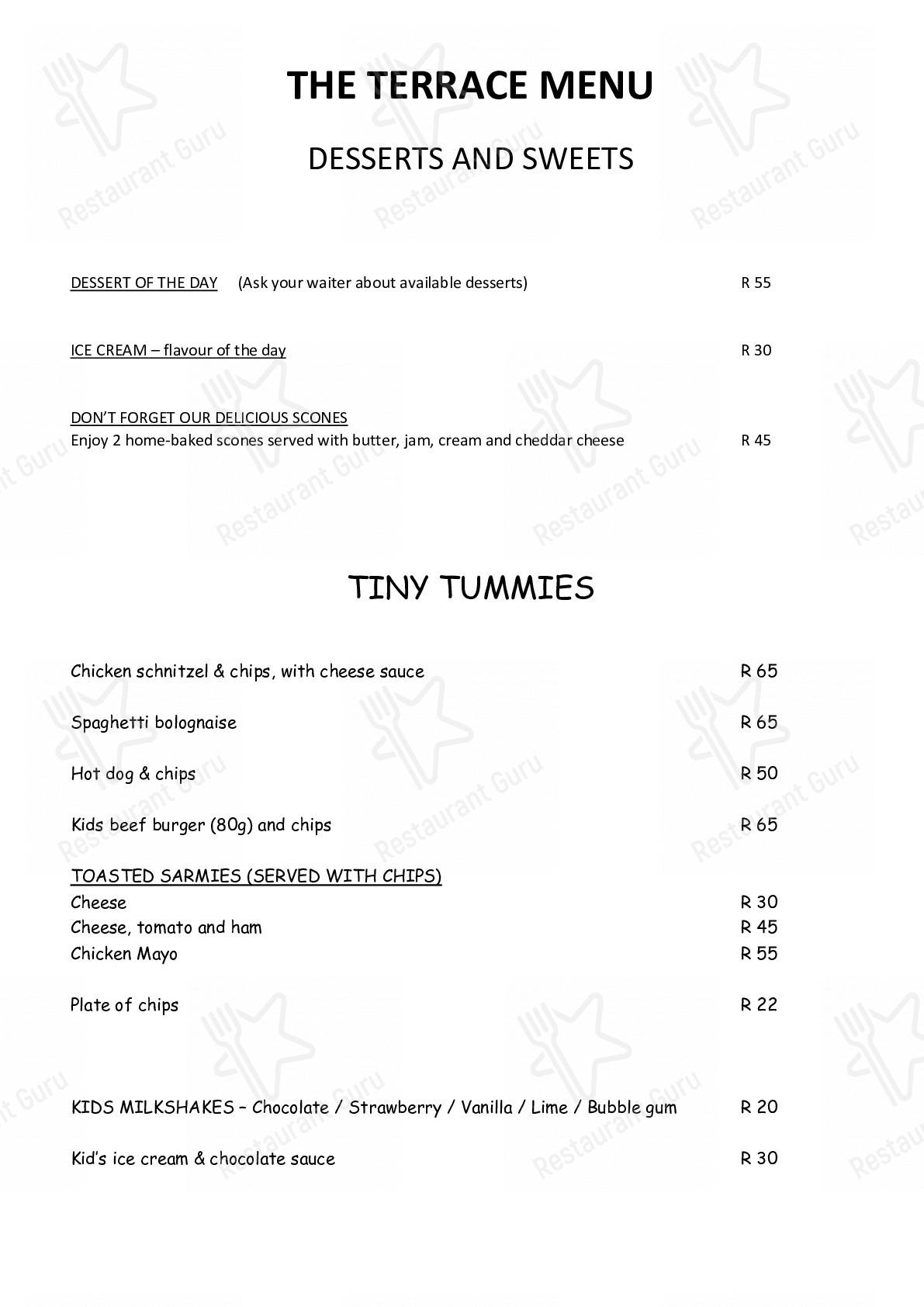 Menu at The Terrace Restaurant, Sandton, Bryanston Country Club Golf Course