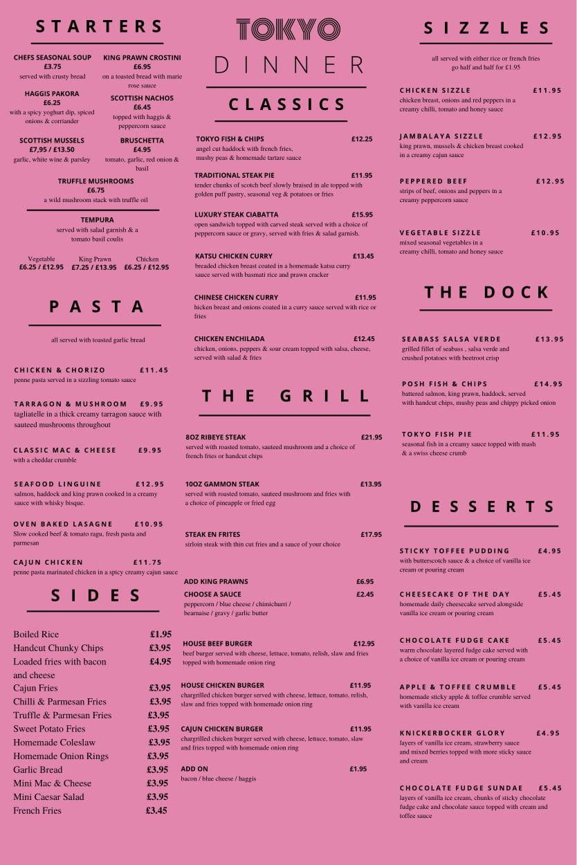 Menu at Tokyo Joe restaurant, Greenock