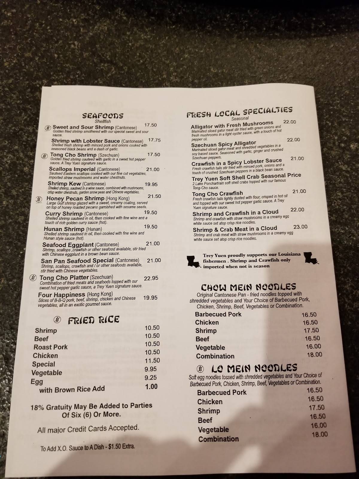 Menu at Trey Yuen restaurant, Mandeville, 600 N Causeway Blvd