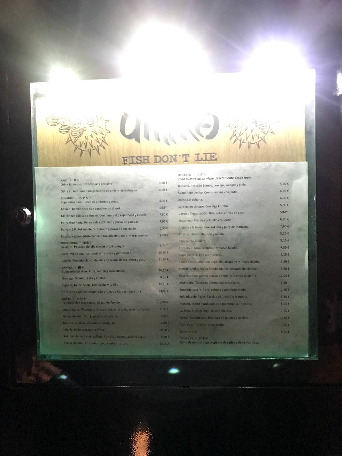 Carta de Umiko Restaurante Japonés Fusión, Madrid, C. de los Madrazo