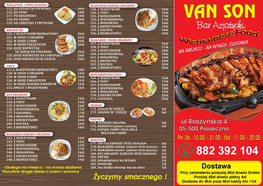 Menu at Van Son restaurant, Piaseczno, Raszyńska 4