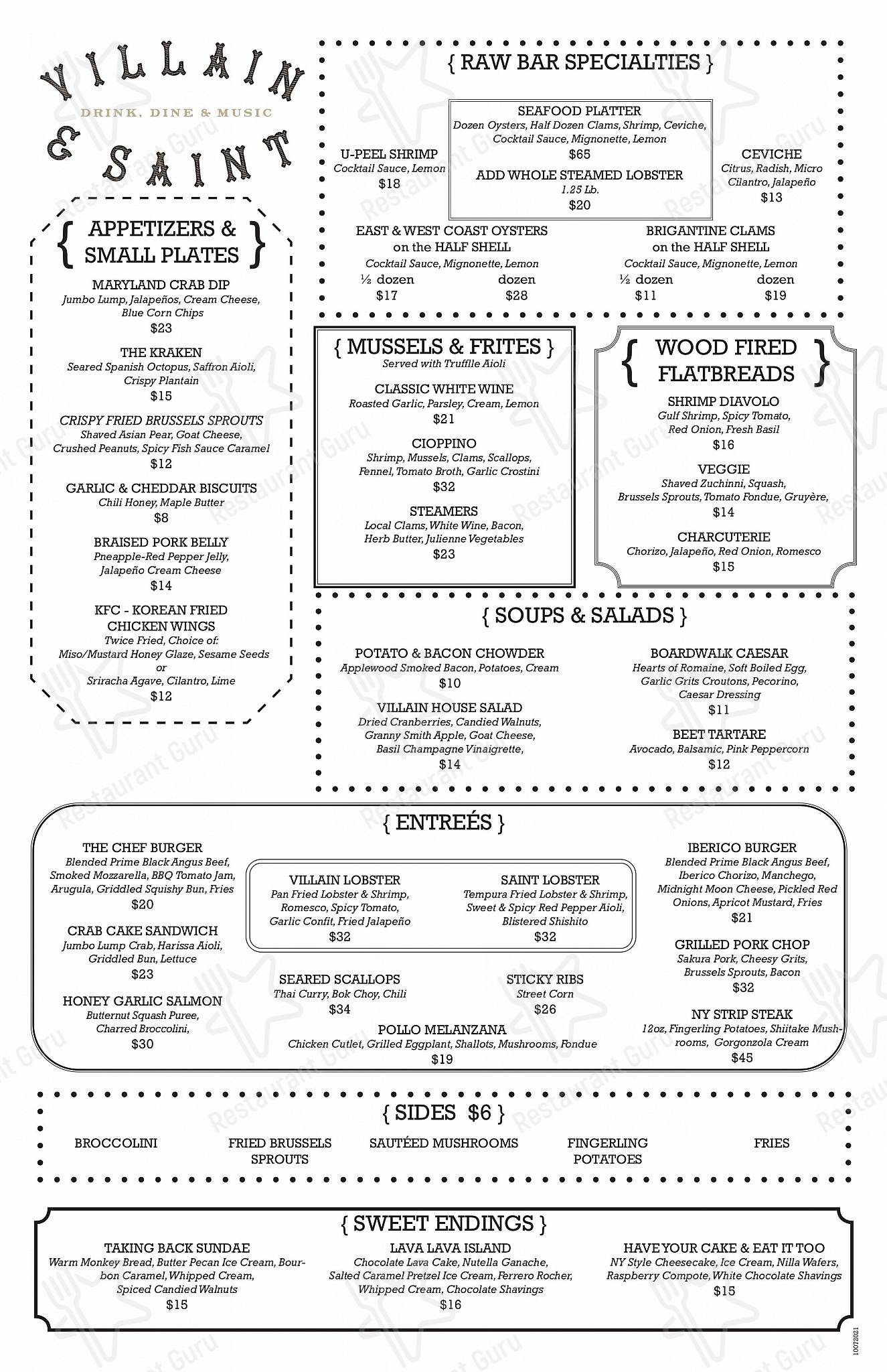 Menu at Villain & Saint restaurant, Atlantic City, 500 Boardwalk