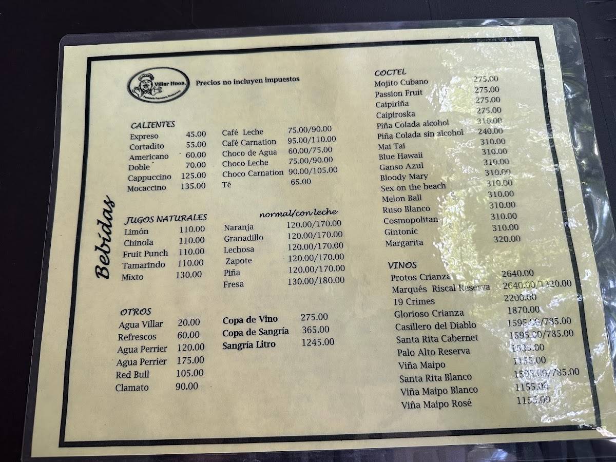 Carta del restaurante Villar Hermanos, Santo Domingo
