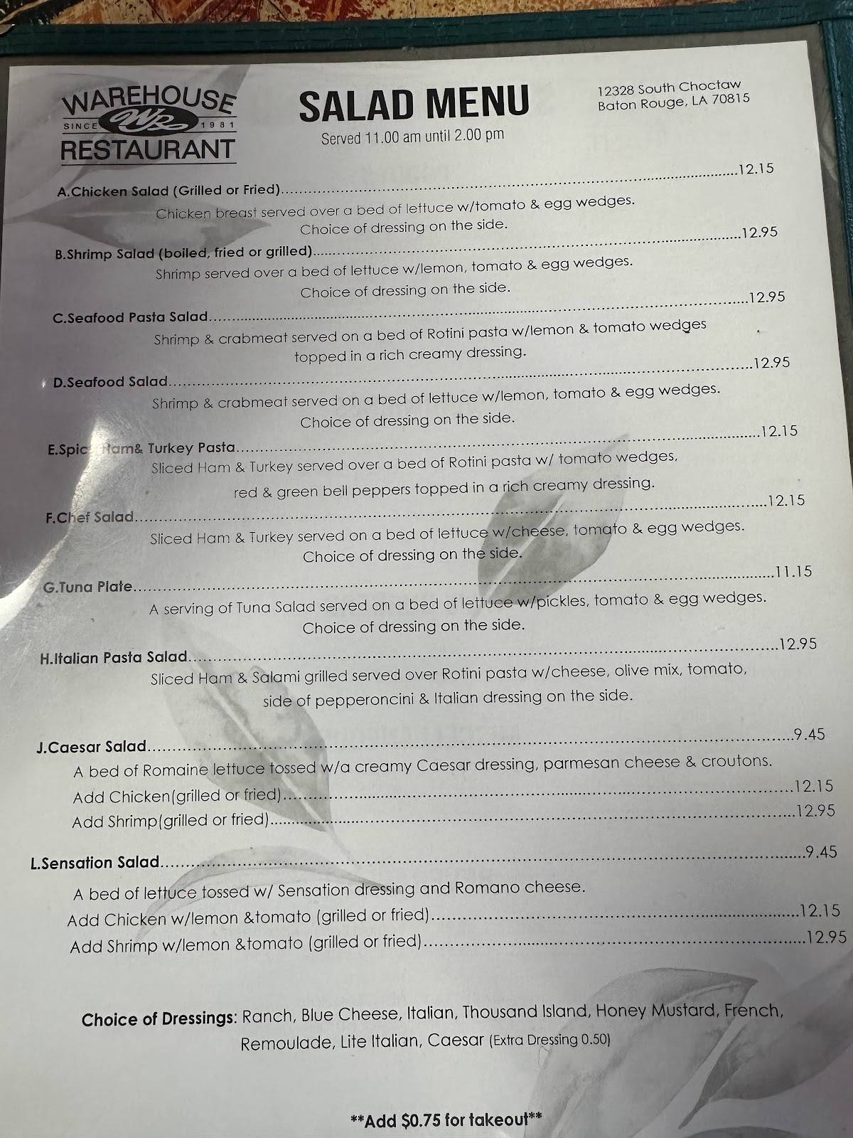 Menu at Warehouse Restaurant, Baton Rouge