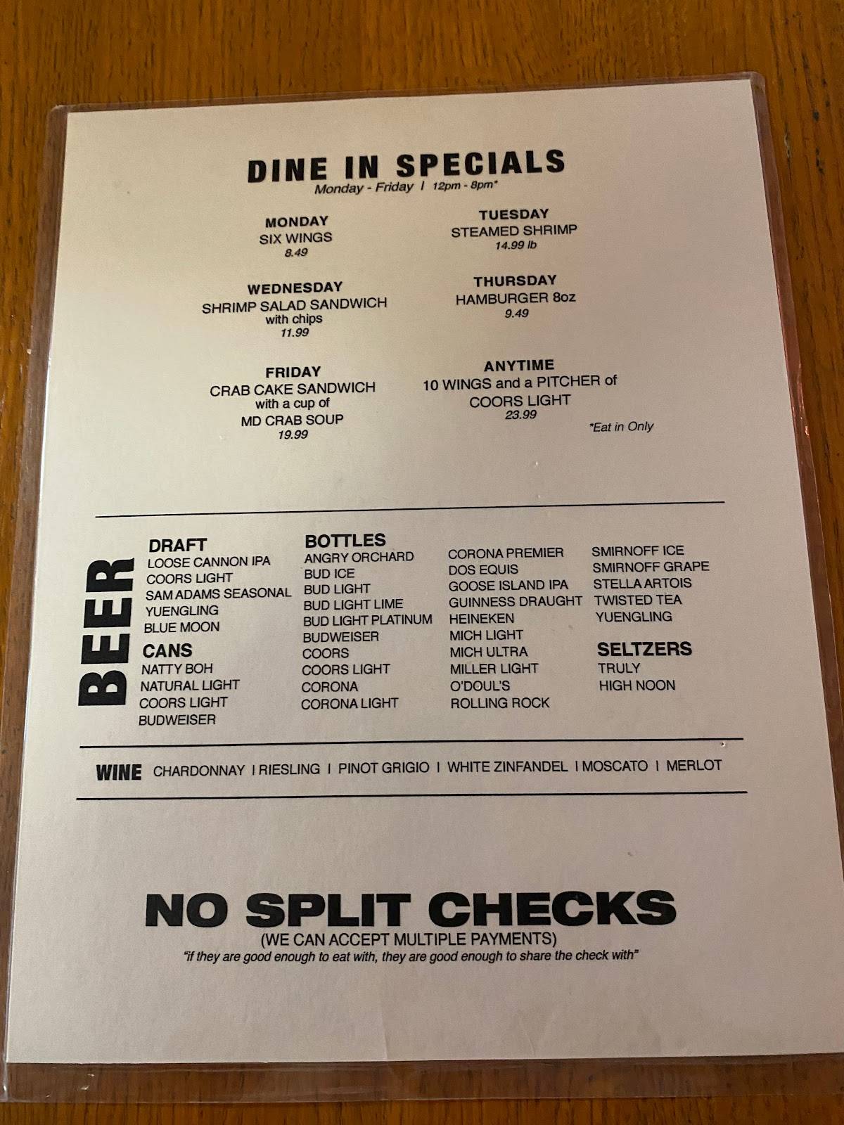 Menu at Winters Run Inn Inc restaurant, Edgewood