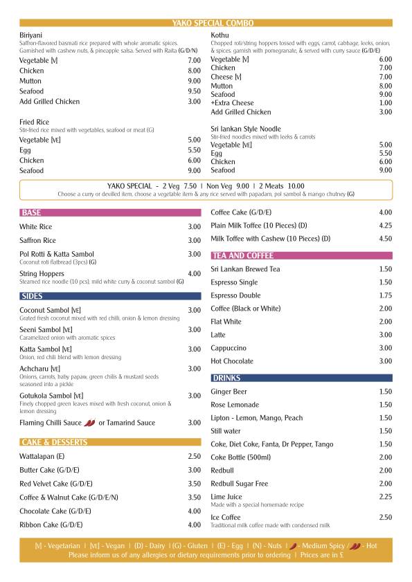 Menu at Yako restaurant, Harrow