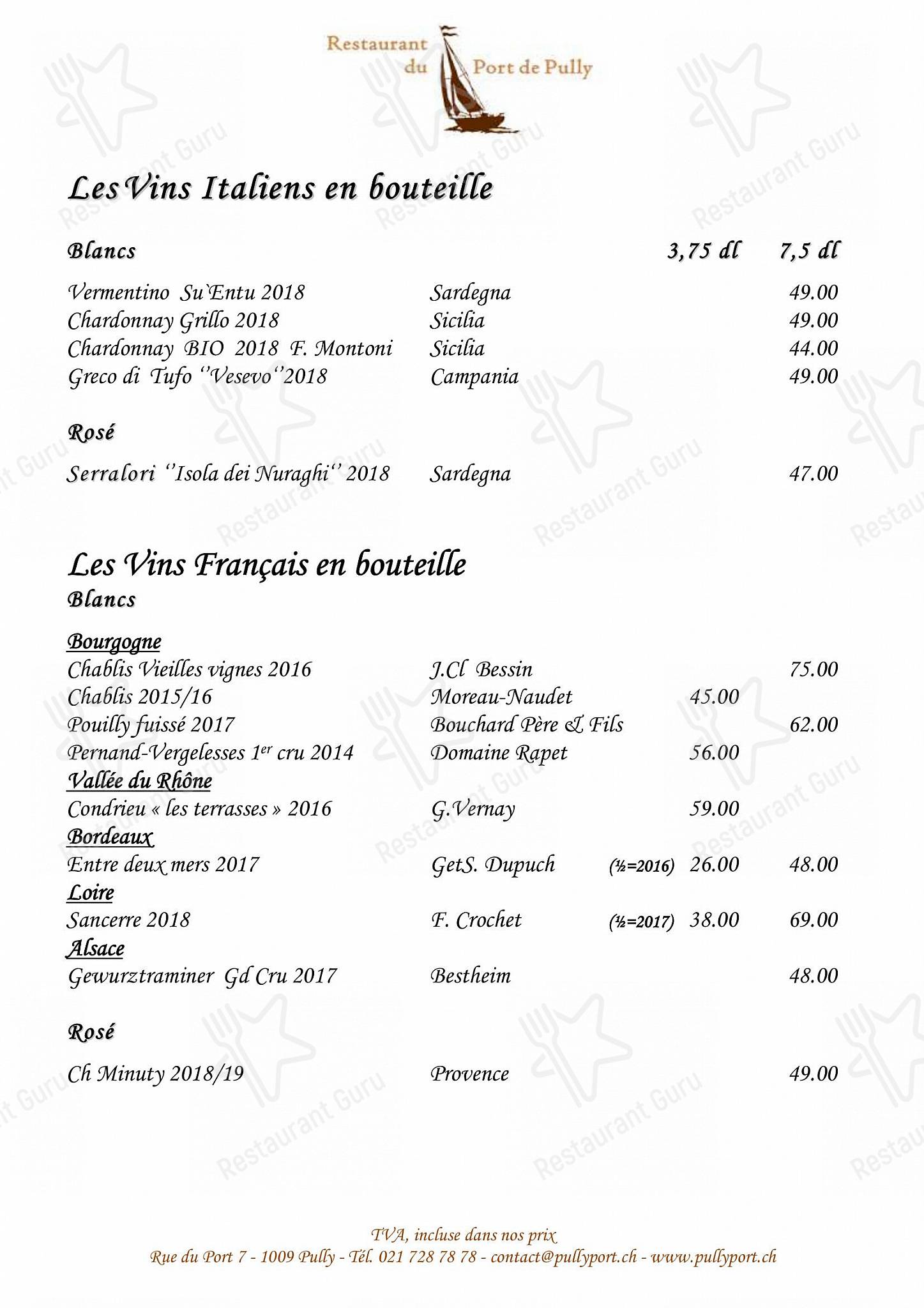 Carta de Restaurant du Port de Pully, Pully
