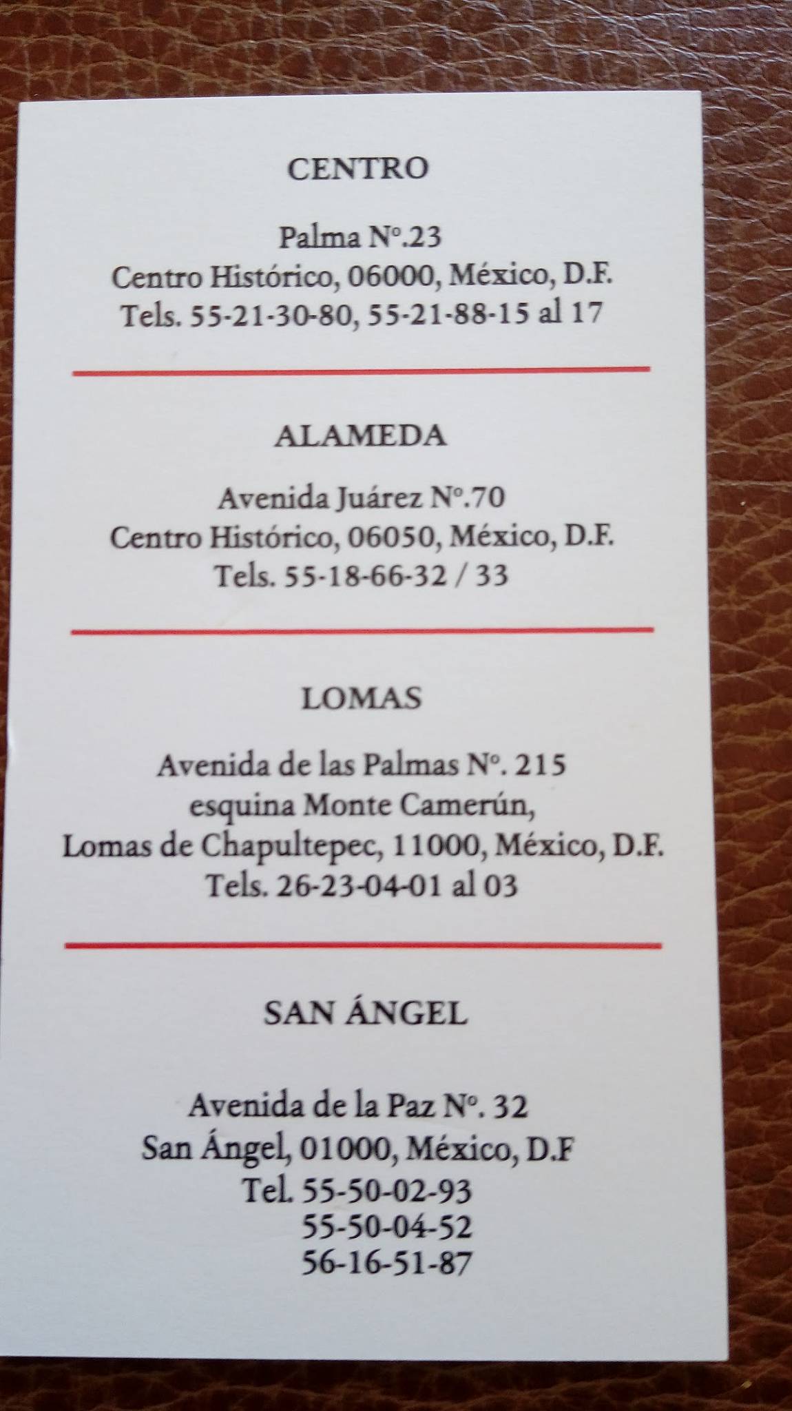 Carta del restaurante El Cardenal del San Ángel, Ciudad del México, Av ...