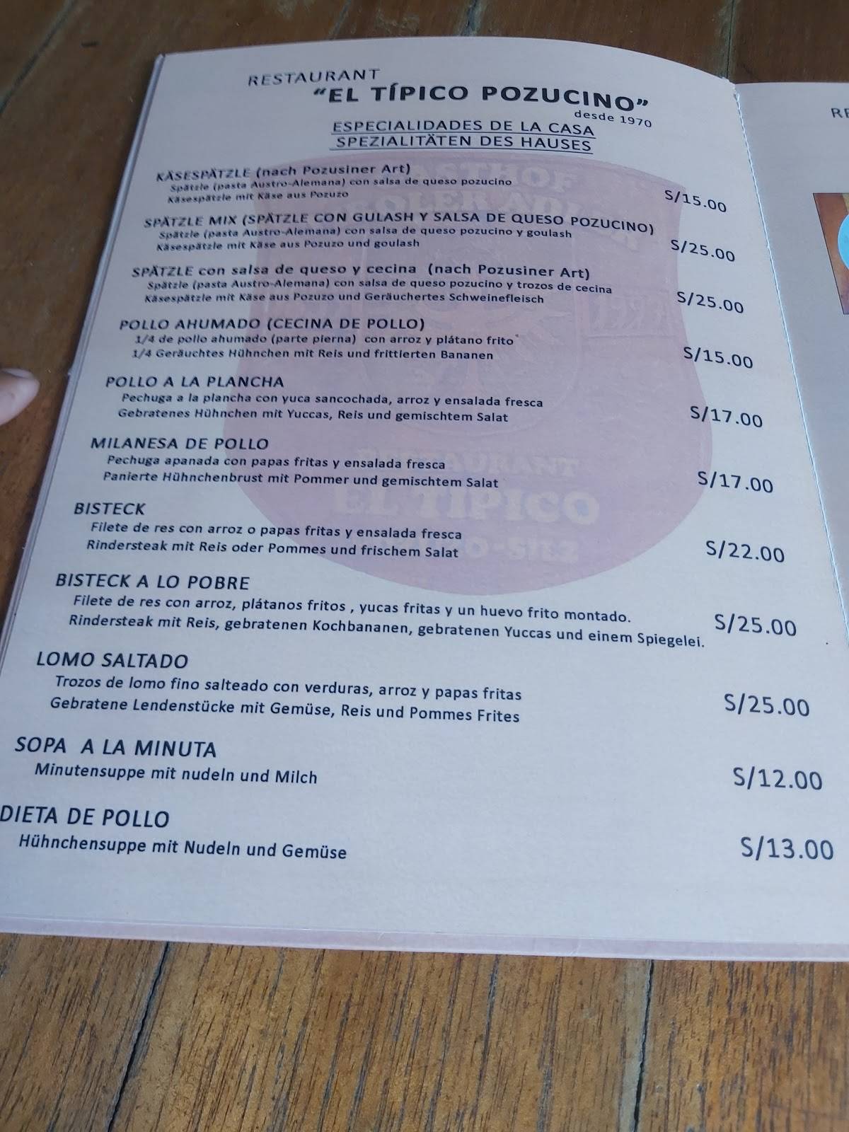 Carta de Restaurante El Típico Pozucino, Pozuzo