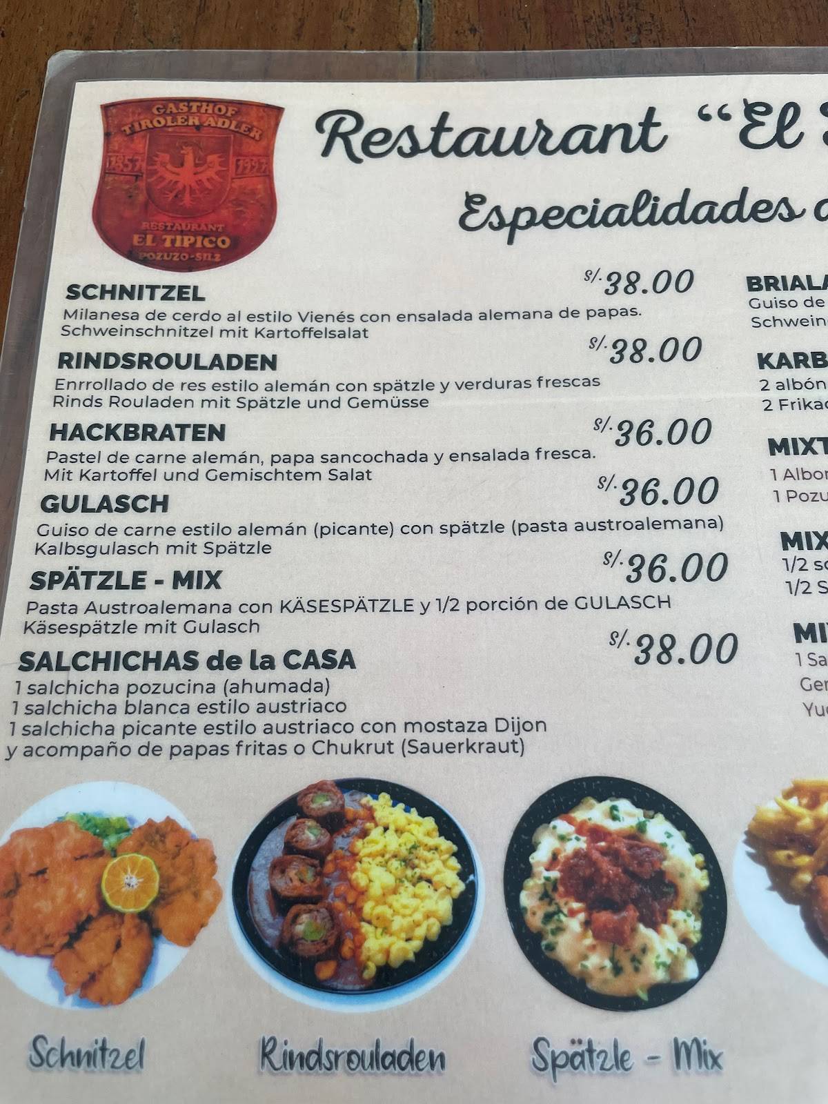 Carta de Restaurante El Típico Pozucino, Pozuzo