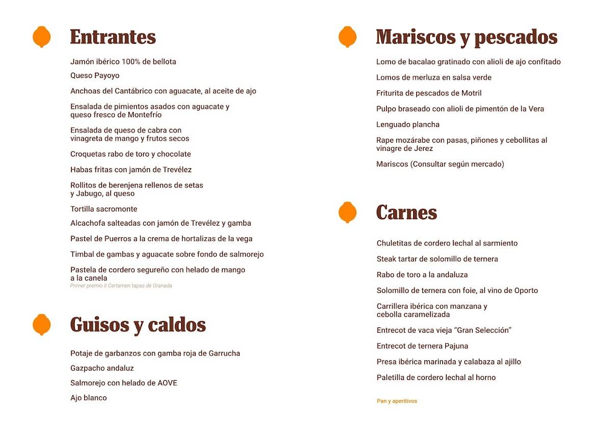 Carta de Restaurante Las Tinajas, Granada
