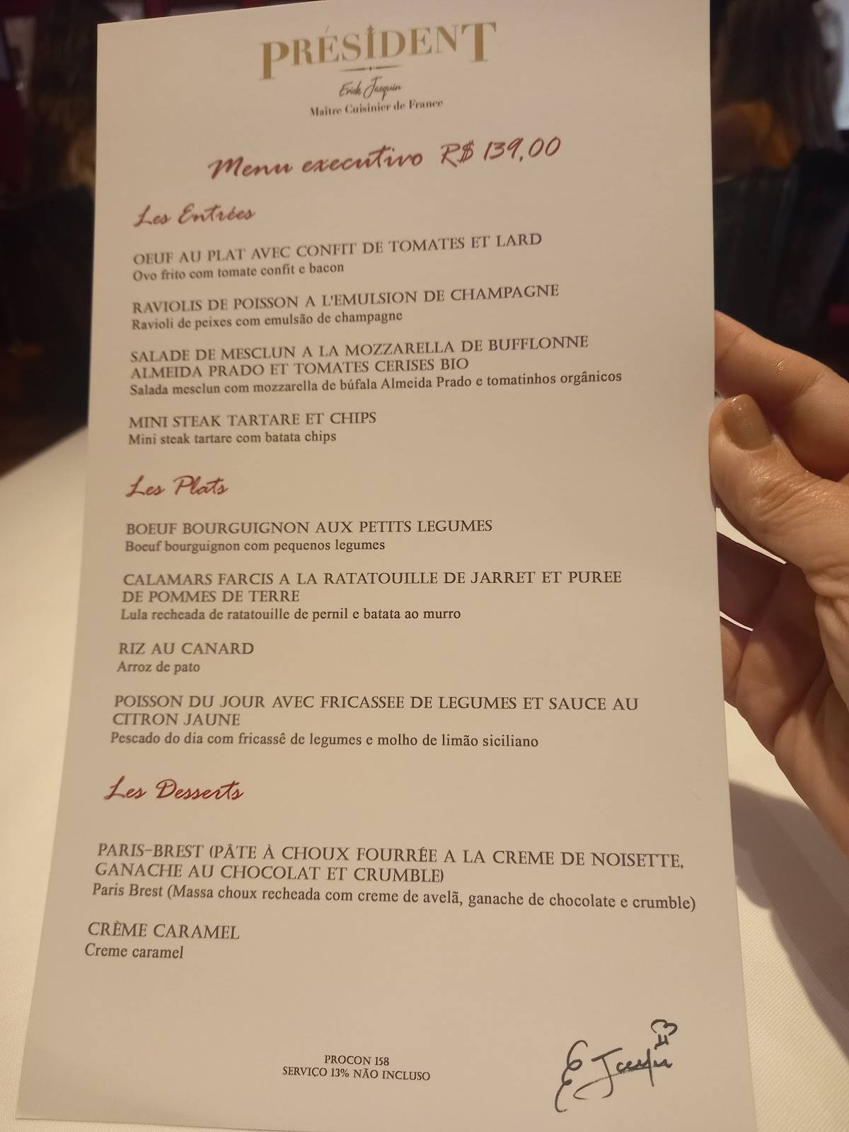 Menu em Restaurante Les Présidents - Erick Jacquin, São Paulo