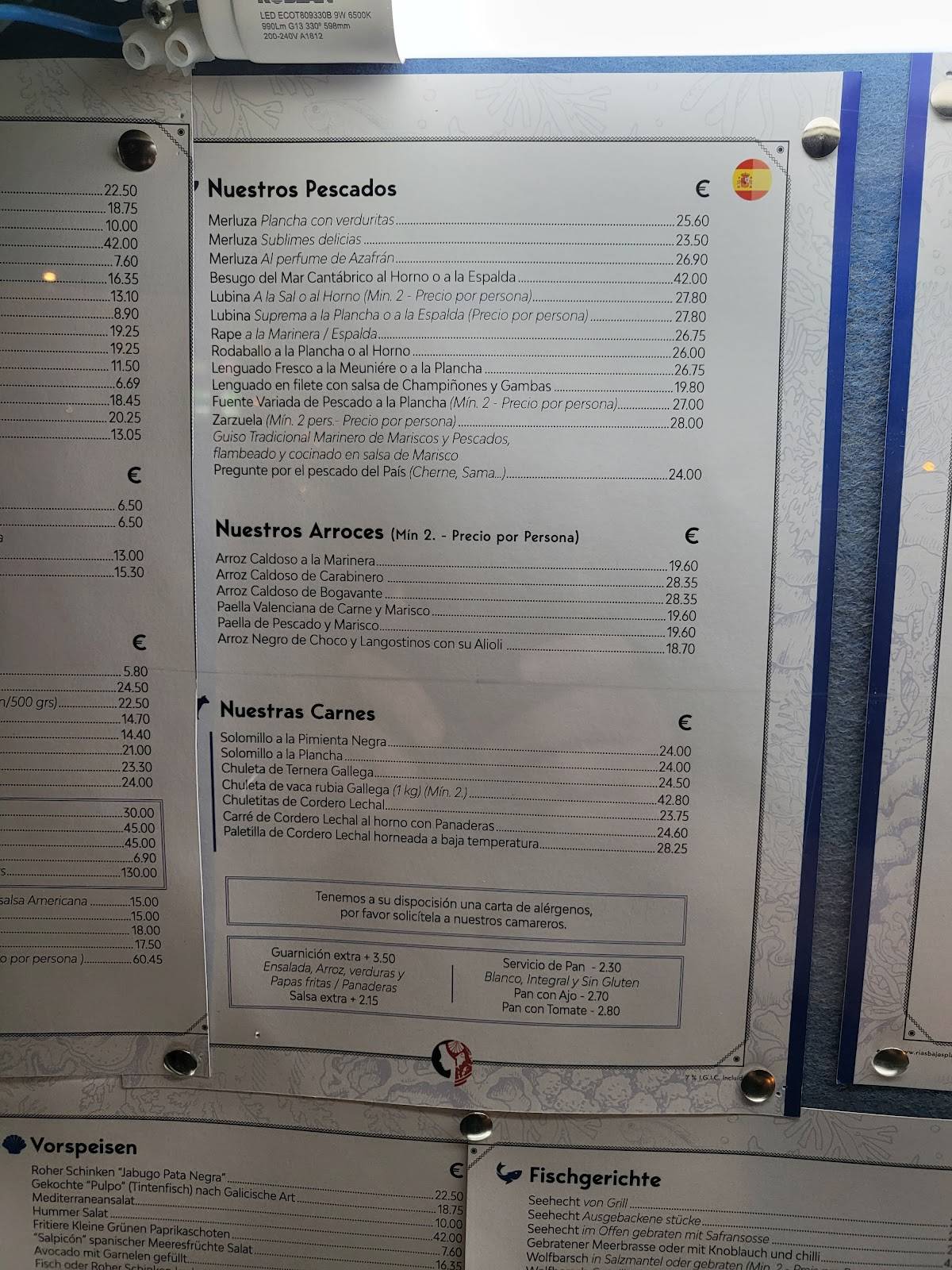 Carta de RESTAURANTE RÍAS BAJAS PLAYA DEL INGLÉS, Maspalomas