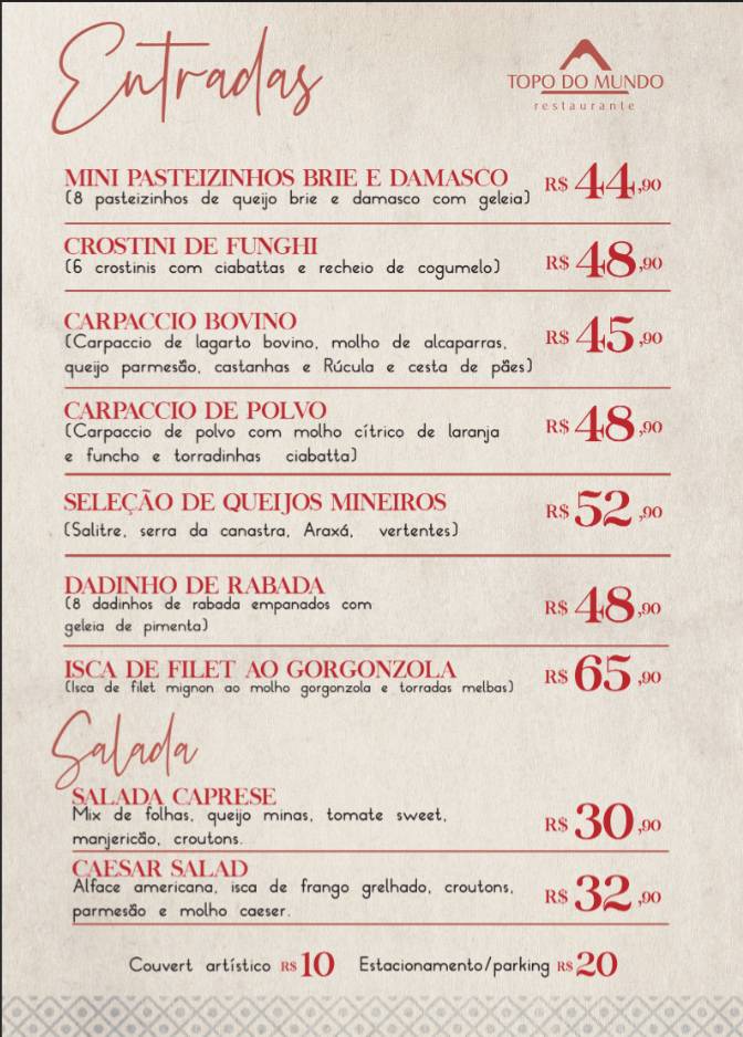 Carta de Restaurante Topo do Mundo, Nova Lima, R. Sen. Milton Campos