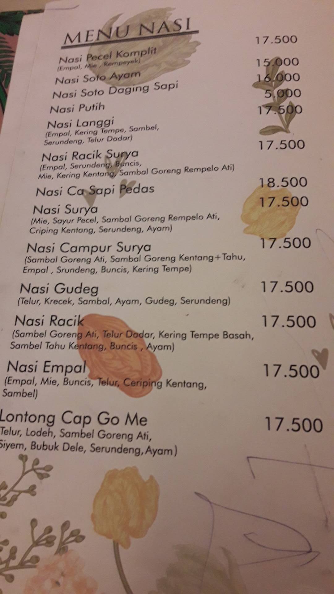 Menu at Resto Surya restaurant, Pati