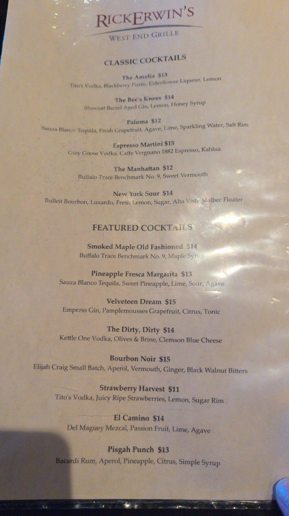 Menu at Rick Erwin's West End Grille pub & bar, Greenville