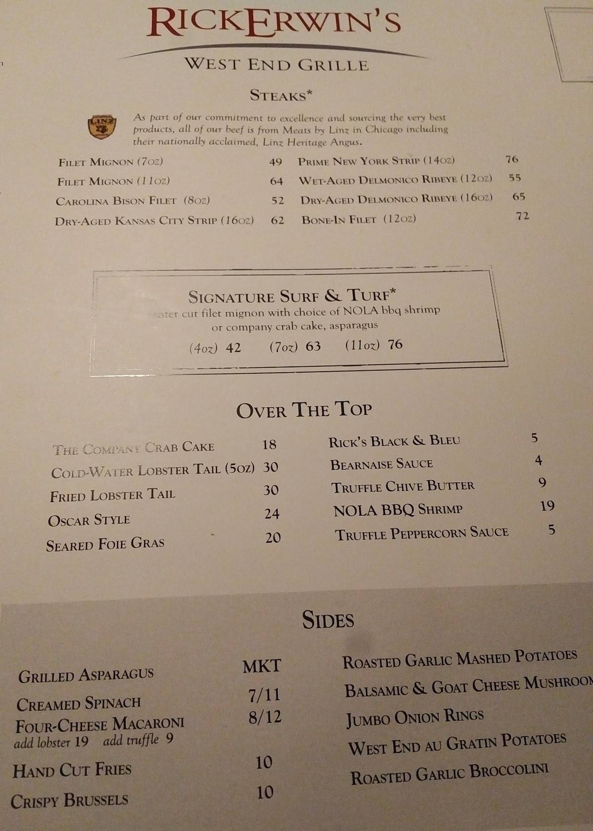 Menu at Rick Erwin's West End Grille pub & bar, Greenville