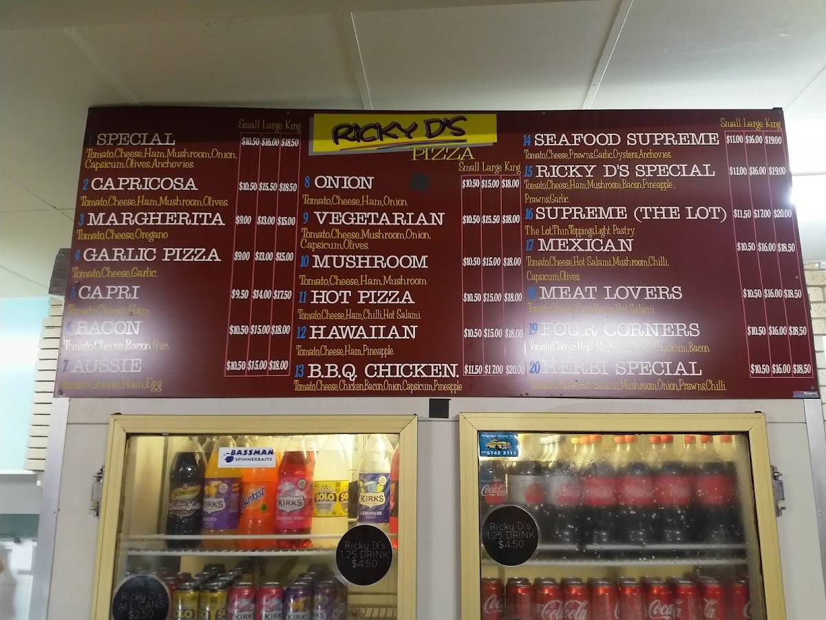Menu at Ricky D's Pizza restaurant, Mulwala