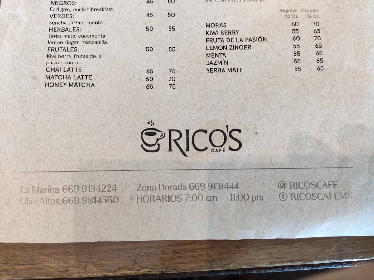 Menu at Rico’s Café - Zona Dorada, Mazatlán, Av Camarón Sábalo